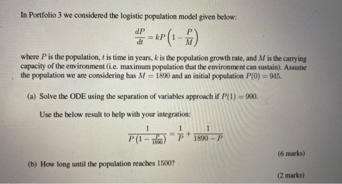 Solved In Portfolio 3 we considered the logistic population | Chegg.com