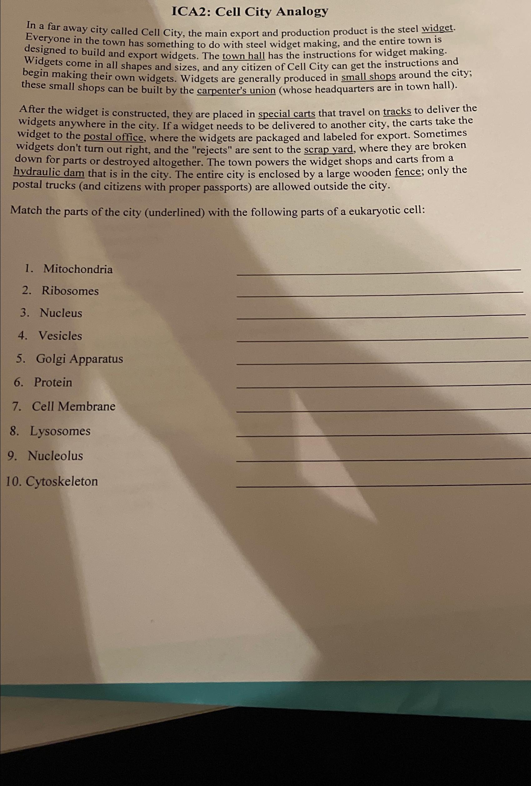 Solved ICA2: Cell City AnalogyIn a far away city called Cell | Chegg.com