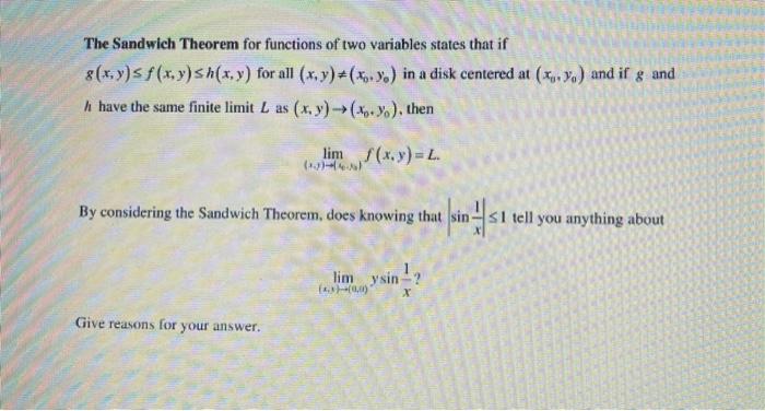 Solved The Sandwich Theorem for functions of two variables | Chegg.com