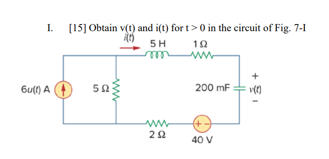 Solved I. [15] ﻿Obtain v(t) ﻿and i(t) ﻿for t>0 in ﻿the | Chegg.com