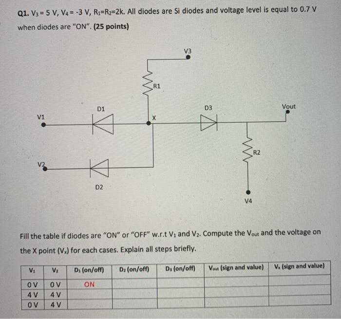 Solved Q1. V3 = 5 V, V4= -3 V, Rz=R2=2k. All diodes are Si | Chegg.com