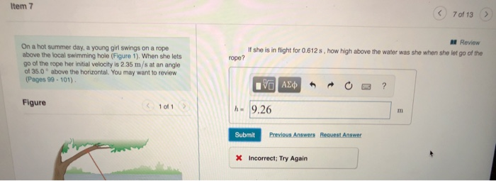 Solved Item 7 70t 13 Review If she is in flight for 0.612s, | Chegg.com
