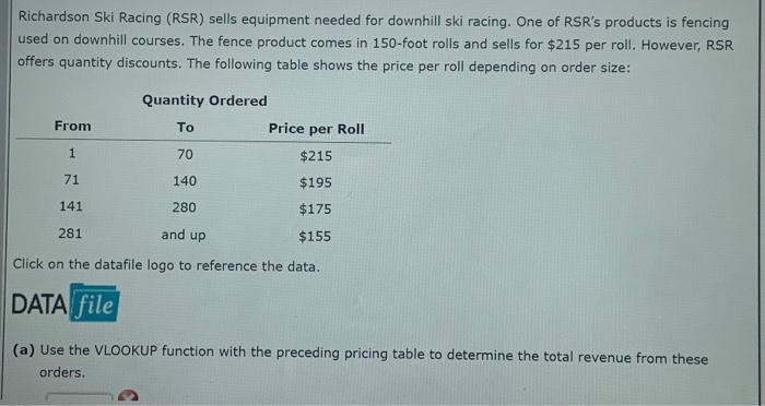 Solved Richardson Ski Racing (RSR) sells equipment needed | Chegg.com