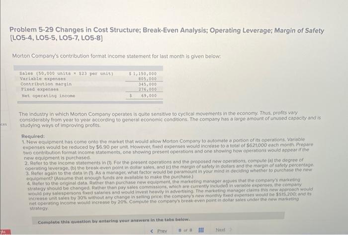 Problem 5-29 Changes in Cost Structure; Break-Even | Chegg.com