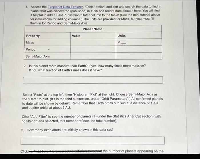 1. Access the Exoplanet Data Explorer, "Table" | Chegg.com