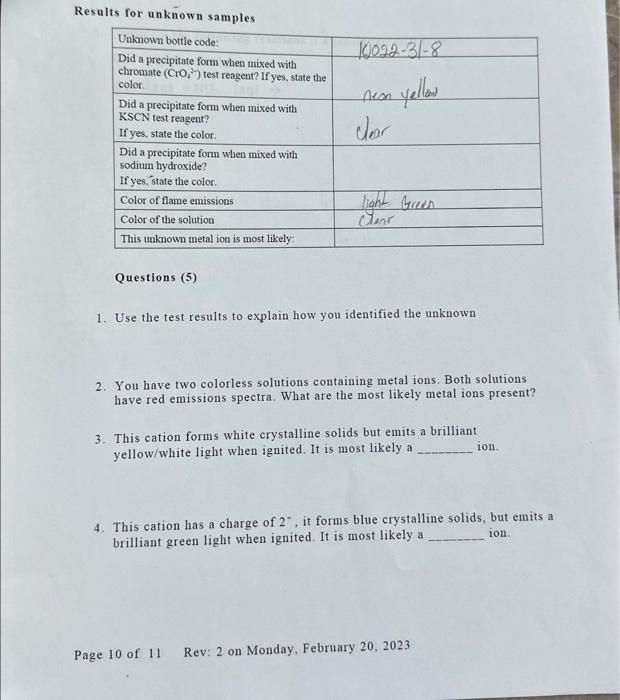 Solved Results for unknown samples Questions (5) 1. Use the | Chegg.com