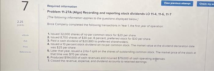 Solved Required information Problem 11-27A (Algo) Recording | Chegg.com