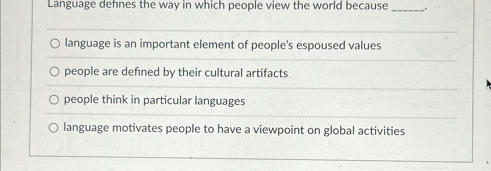 Solved Language defines the way in which people view the | Chegg.com