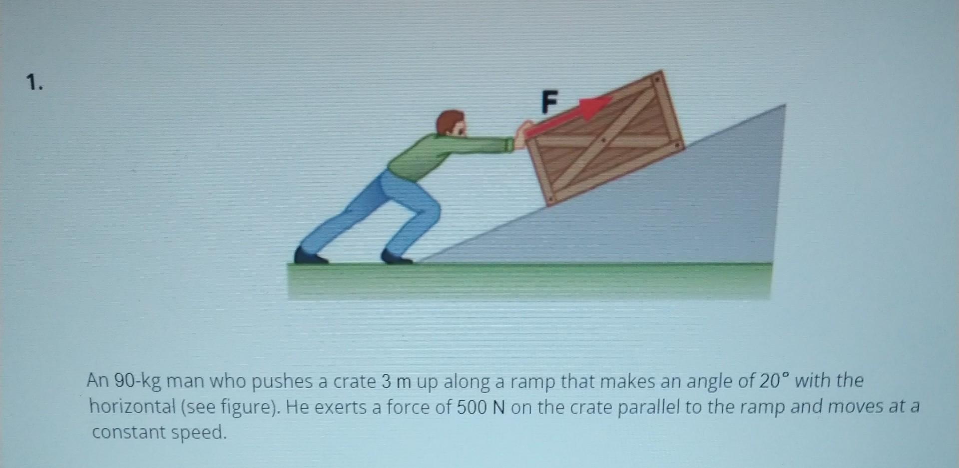 Solved An 90-kg man who pushes a crate 3 m up along a ramp | Chegg.com