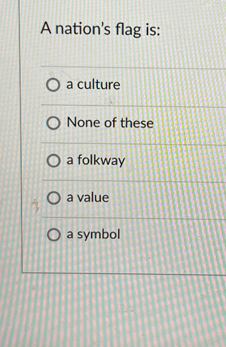 Solved A nation's flag is:a cultureNone of thesea folkwaya | Chegg.com