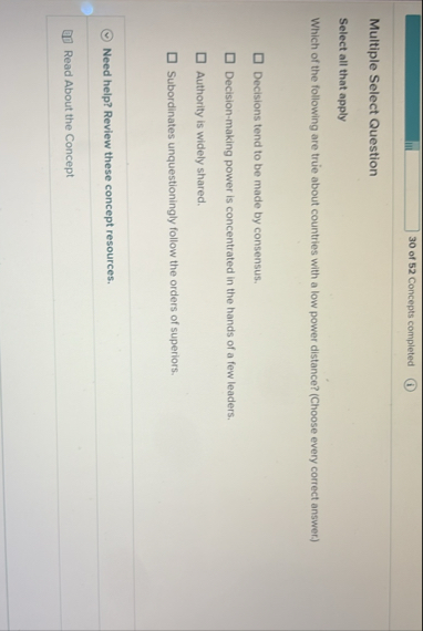 Solved 30 ﻿of 52 ﻿Concepts completedMultiple Select | Chegg.com