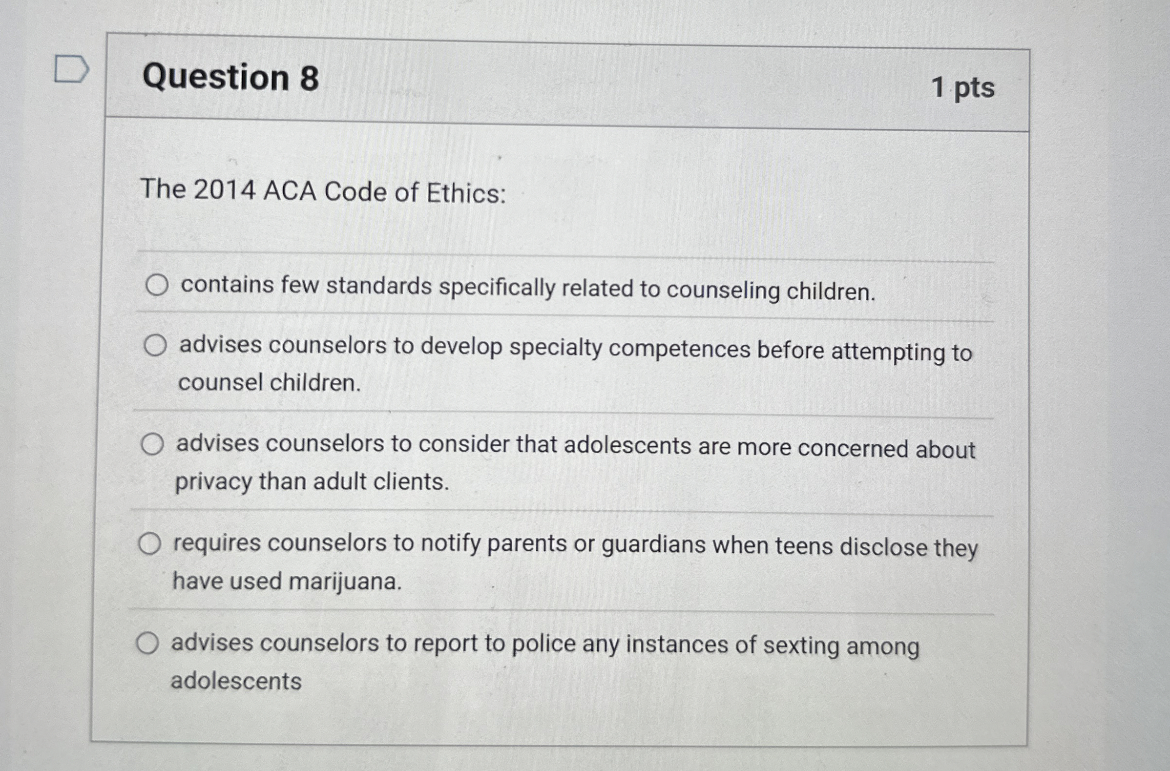 Solved Question 81 ﻿ptsThe 2014 ﻿ACA Code of Ethics:contains | Chegg.com