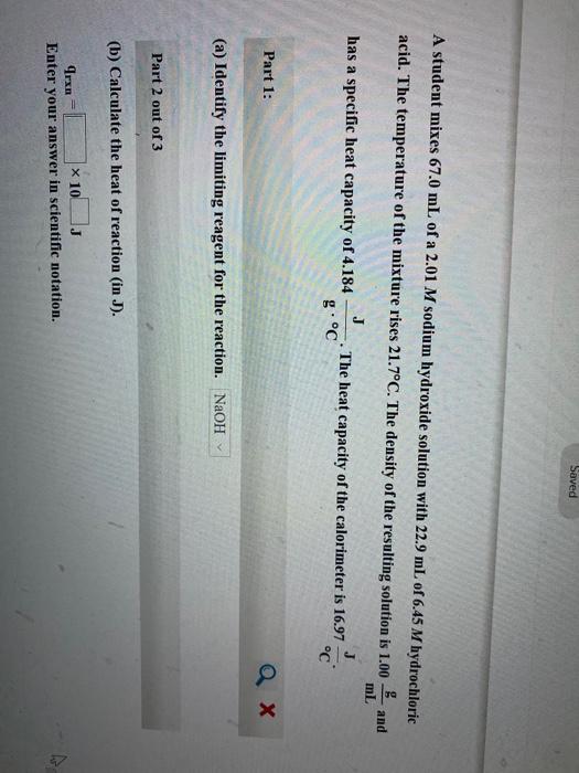 Solved Saved A student mixes 67.0 mL of a 2.01 M sodium | Chegg.com