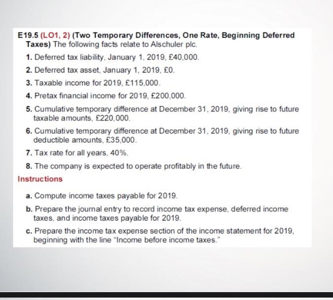 Solved E 19.5 (L01, 2) (Two Temporary Differences, One Rate, | Chegg.com