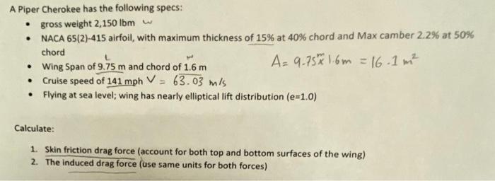 Solved A Piper Cherokee has the following specs: • gross | Chegg.com