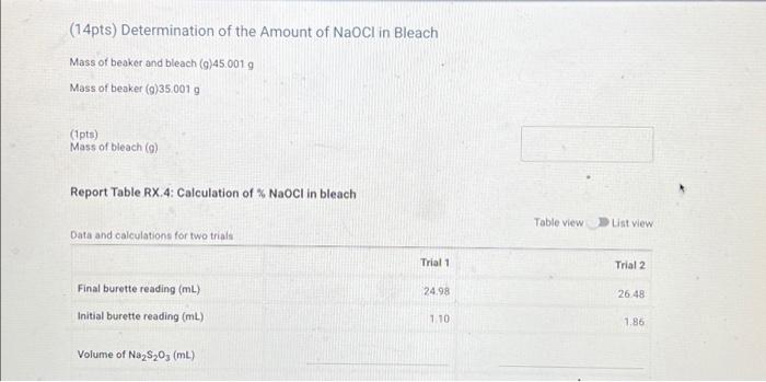 (14pts) Determination of the Amount of NaOCI in | Chegg.com
