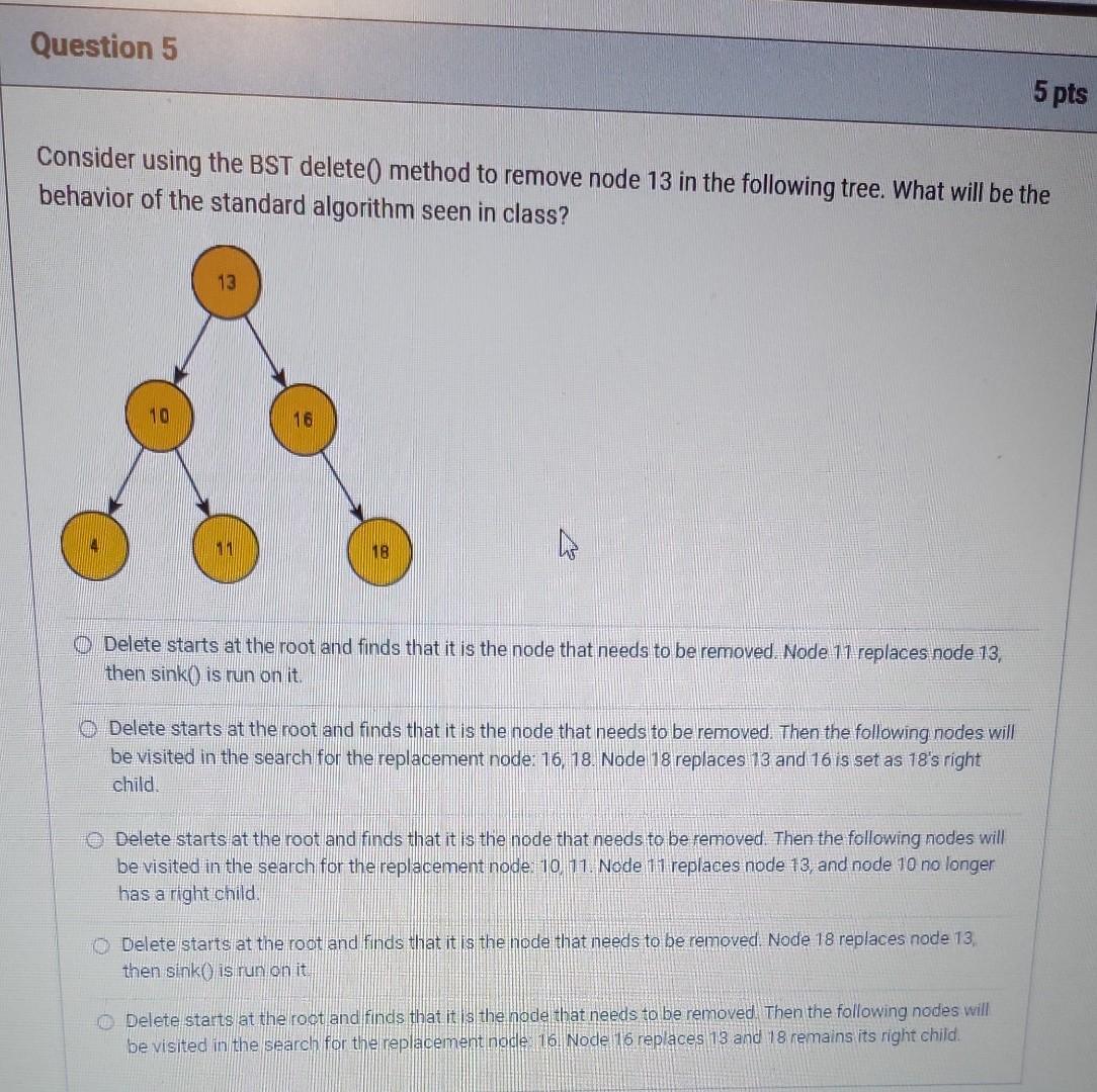 Solved Question 5 5 pts Consider using the BST delete() | Chegg.com
