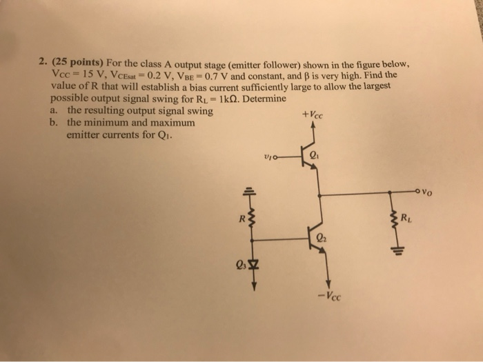 Solved 2. (25 points) For the class A output stage (emitter | Chegg.com