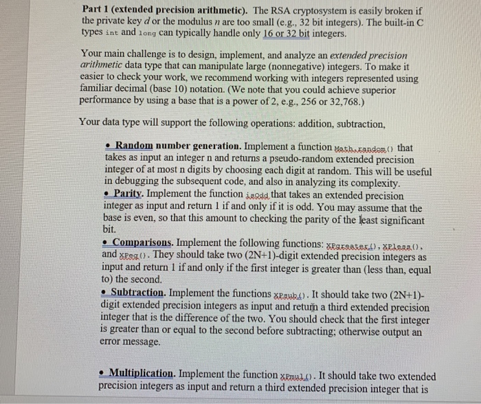 Part 1 (extended precision arithmetic). The RSA | Chegg.com