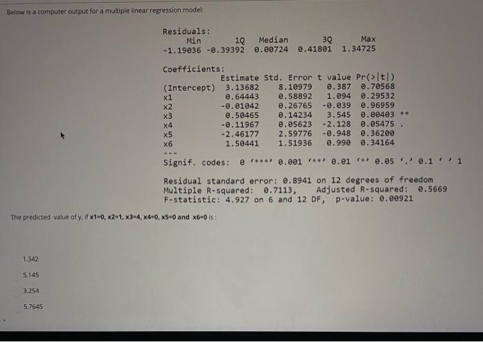 Solved Below is a computer output for a multiple linear | Chegg.com