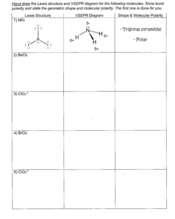 Solved Hand draw the Lewis structure and VSEPR diagram for | Chegg.com