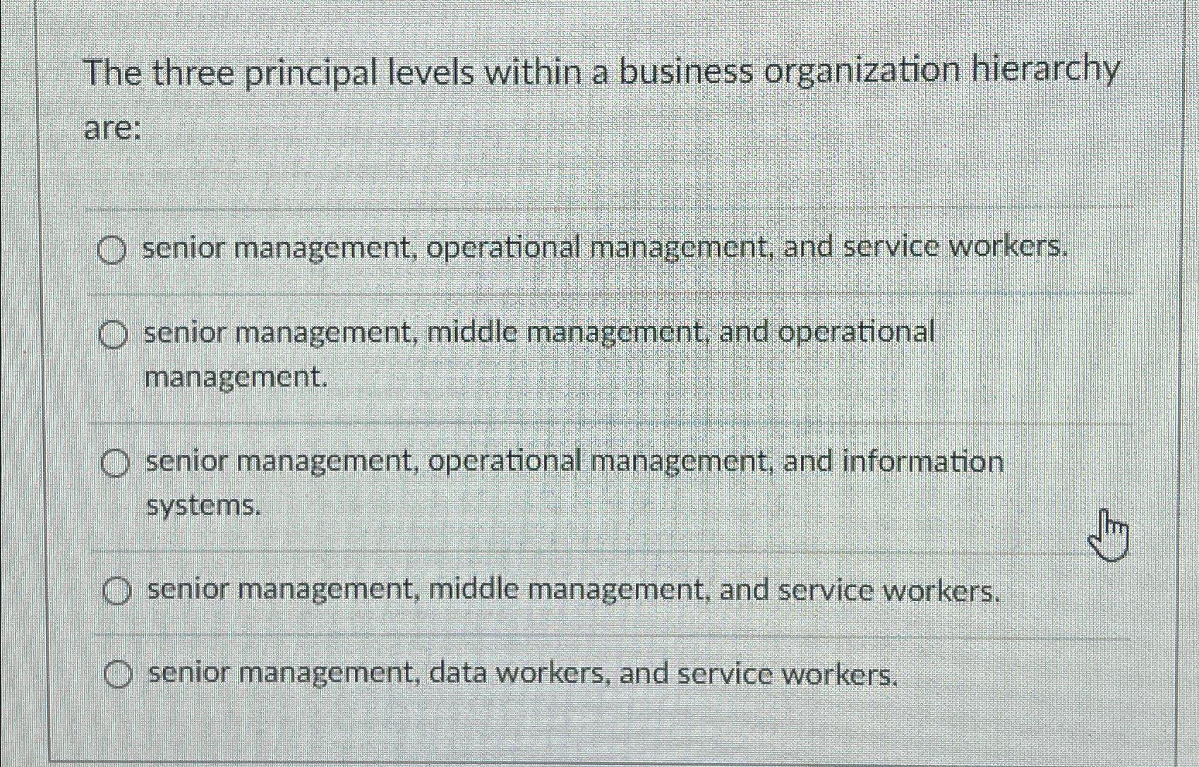 Solved The three principal levels within a business | Chegg.com