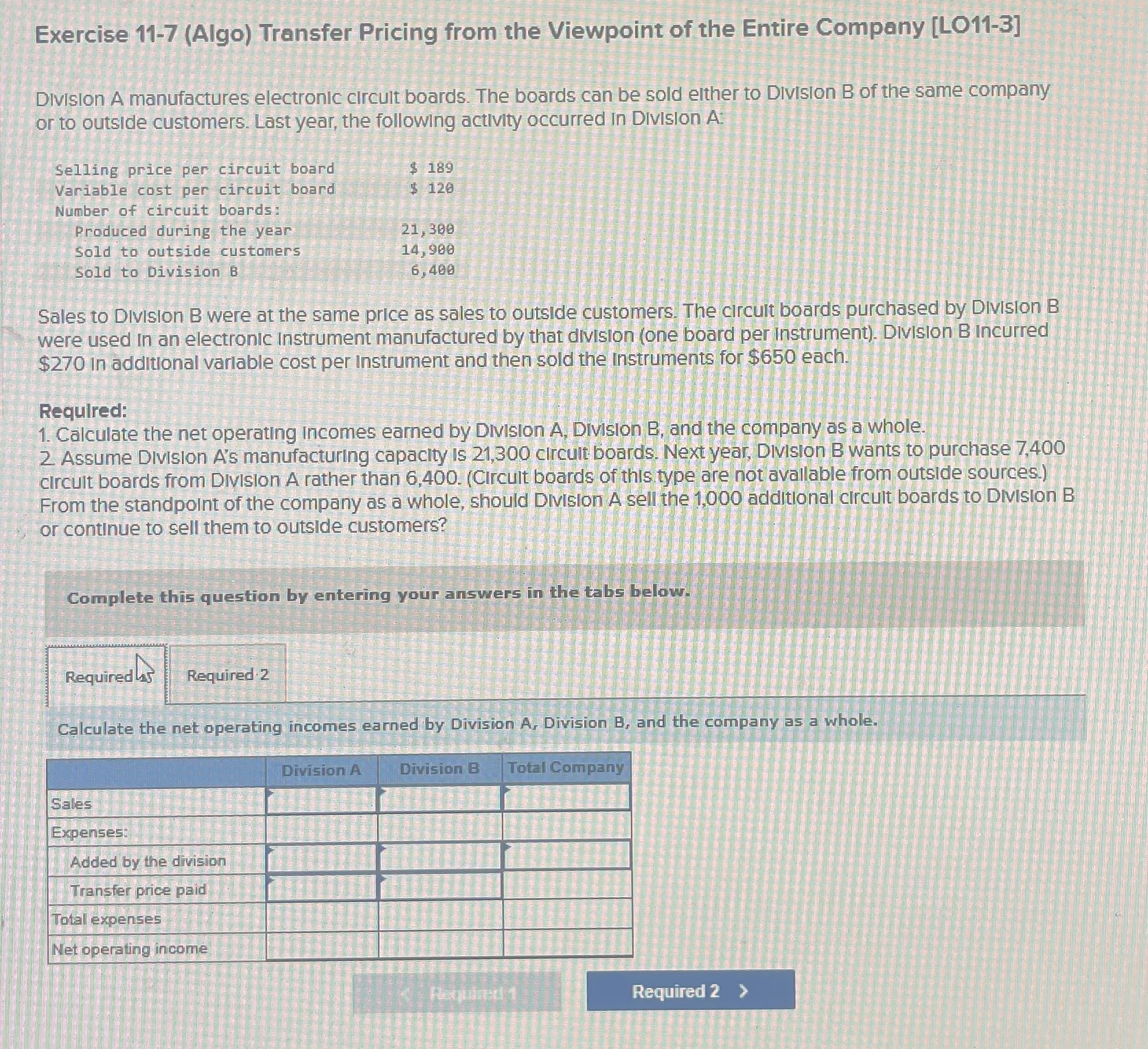 Solved Exercise 11-7 (Algo) ﻿Transfer Pricing from the | Chegg.com