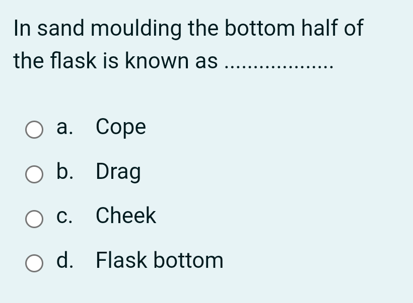 Solved In sand moulding the bottom half of the flask is | Chegg.com