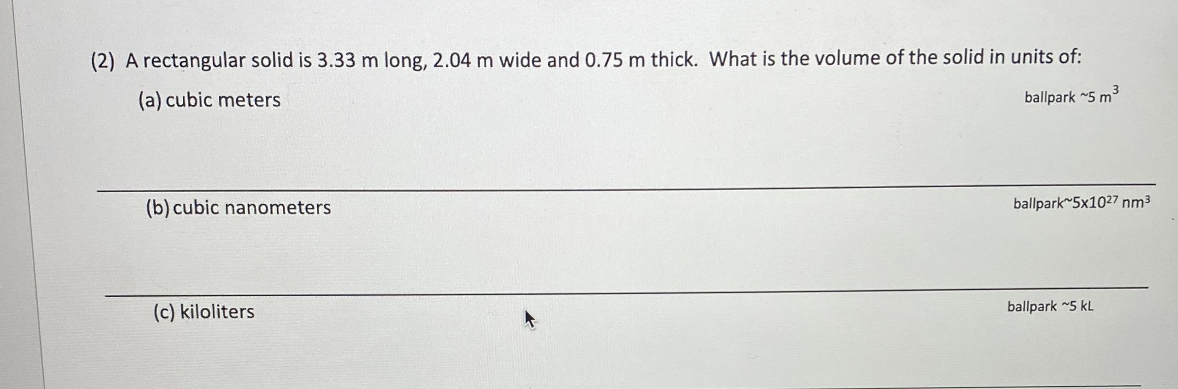 Solved (2) ﻿A rectangular solid is 3.33 ﻿m long, 2.04 ﻿m | Chegg.com