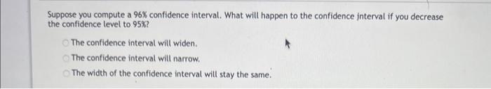 Solved Suppose you compute a 96% confidence interval. What | Chegg.com