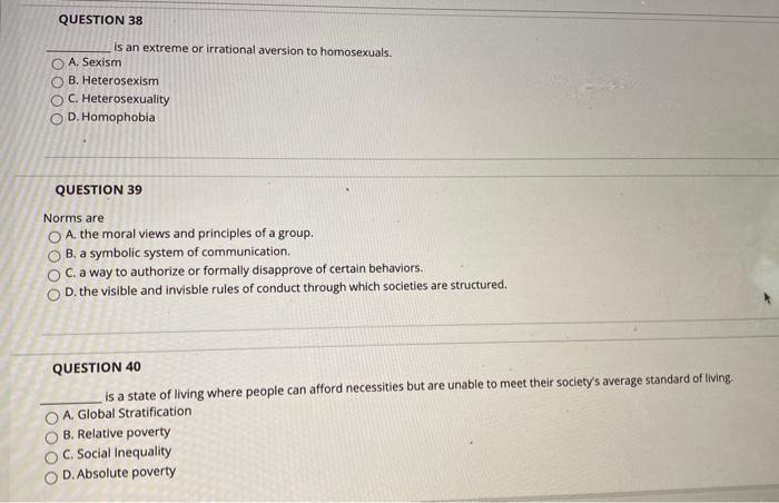 Solved QUESTION 38 is an extreme or irrational aversion to | Chegg.com