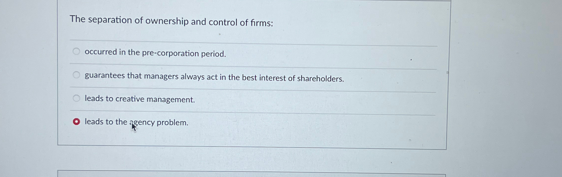 Solved The separation of ownership and control of | Chegg.com