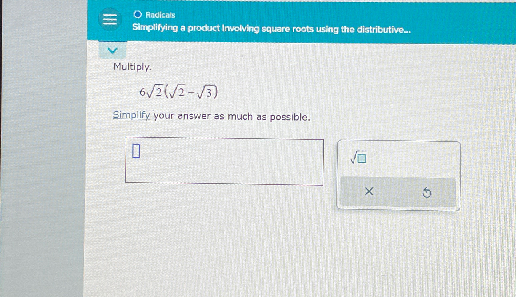 Solved RadicalsSimplifying a product involving square roots | Chegg.com
