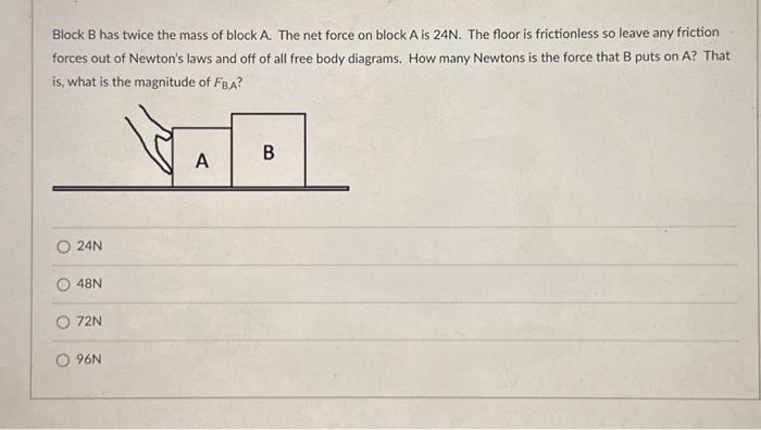 Solved Block B has twice the mass of block A. The net force | Chegg.com