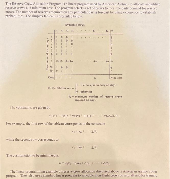 The Reserve Crew Allocation Program is a linear | Chegg.com