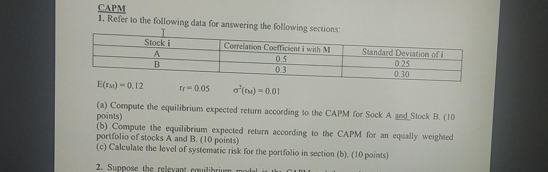 Solved CAPM 1. Refer to the following data for answering the | Chegg.com