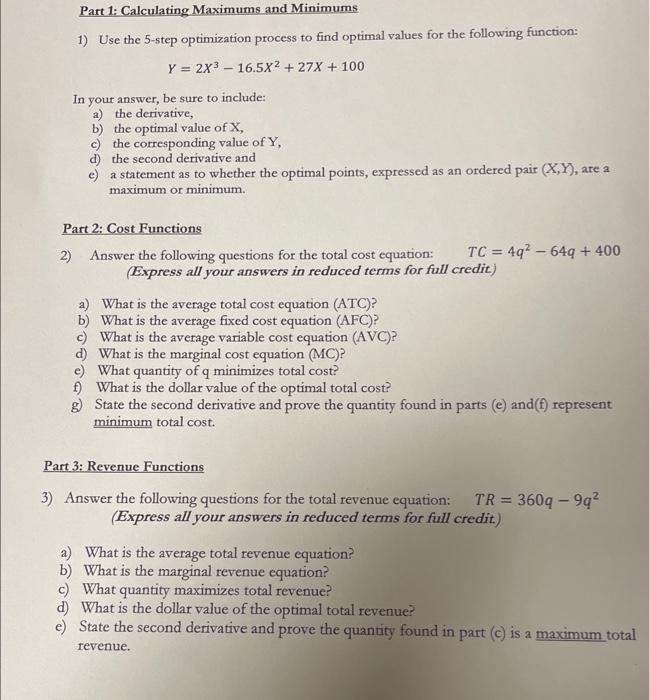Solved Part 1: Calculating Maximums and Minimums 1) Use the | Chegg.com