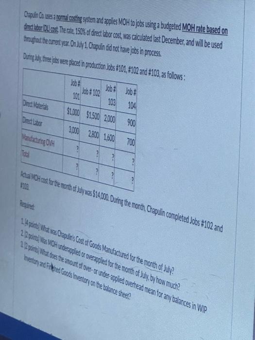 Solved O whin Co usa anomal cossing sytem and applies MOH to | Chegg.com