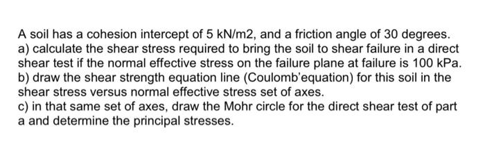 Solved A soil has a cohesion intercept of 5kN/m2, and a | Chegg.com