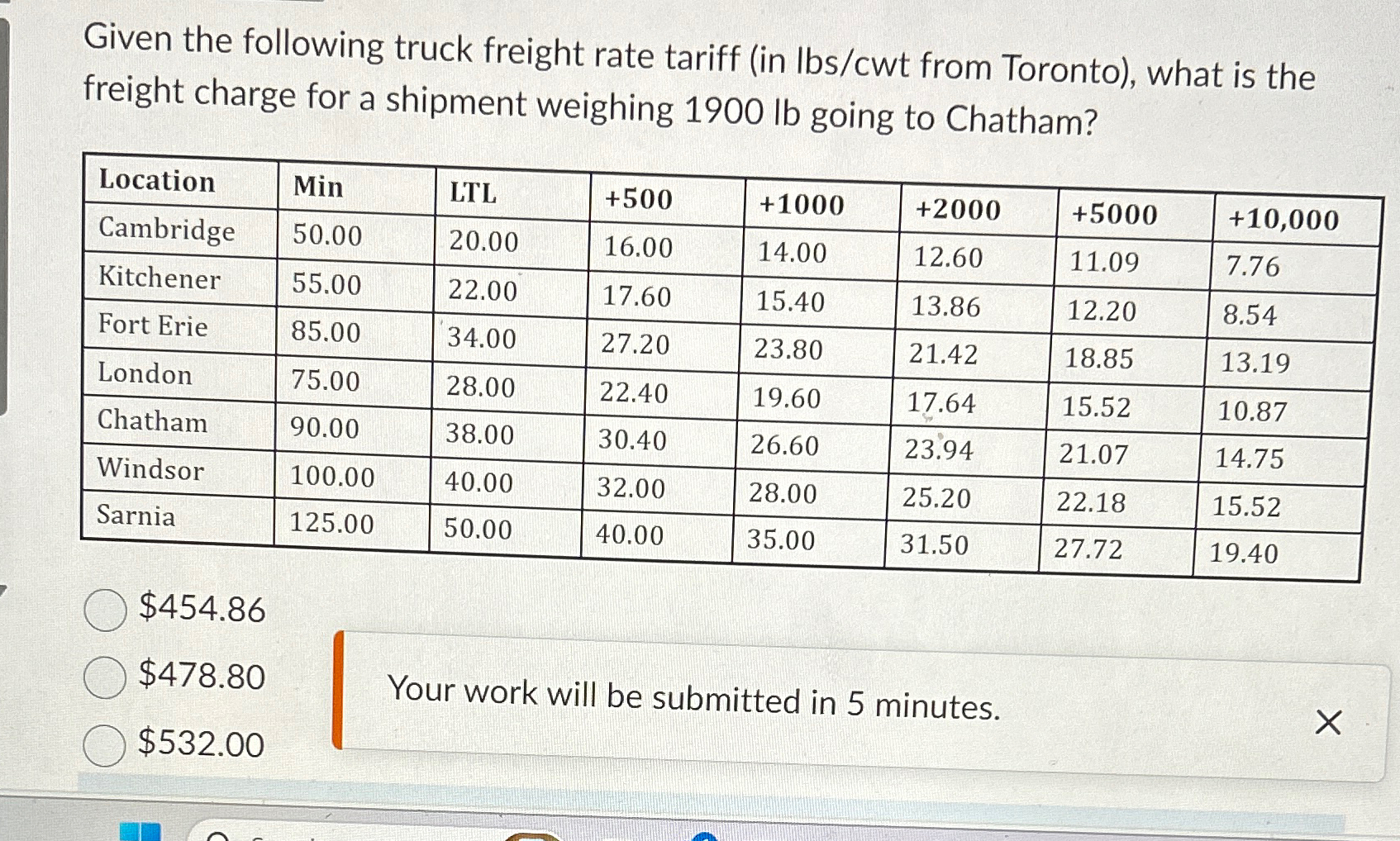 Solved Given the following truck freight rate tariff (in | Chegg.com