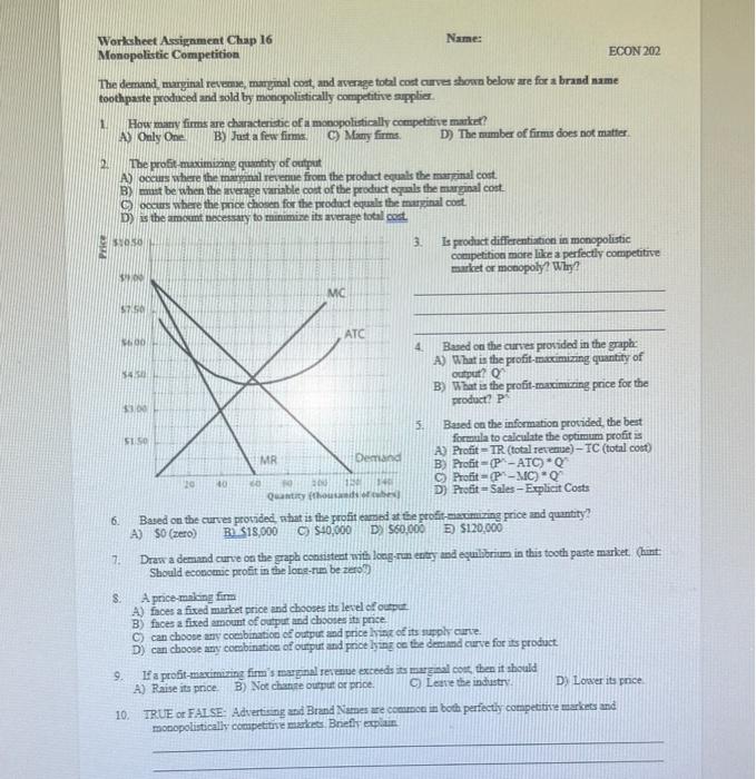 Worksheet Assignment Chap 16 Monopolistic Competition | Chegg.com