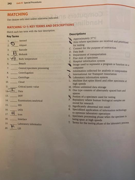 Solved 242 Unit IV Special Procedures MATCHING Use choices | Chegg.com