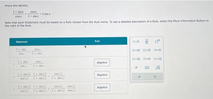 Solved Prove the identity. cosx1+sinx+1+sinxcosx=2secx Note | Chegg.com