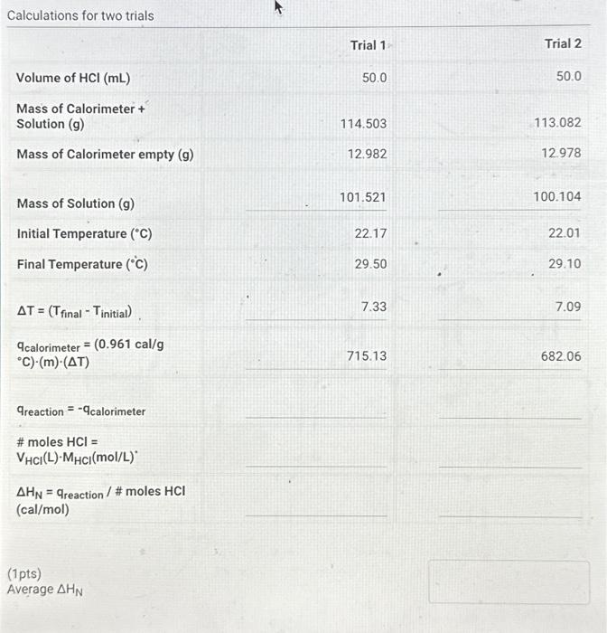 Solved Calculations for two trials \begin{tabular}{|c|c|c|} | Chegg.com