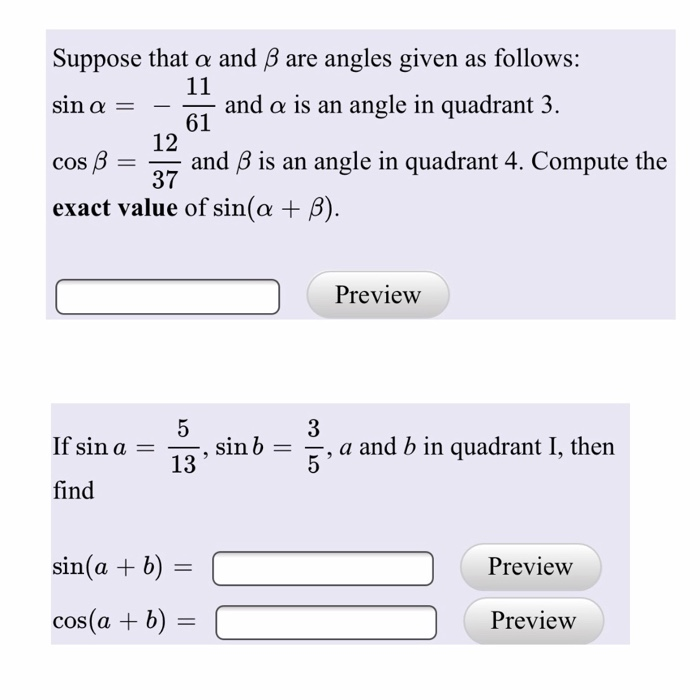 Solved Suppose that a and B are angles given as follows: 11 | Chegg.com