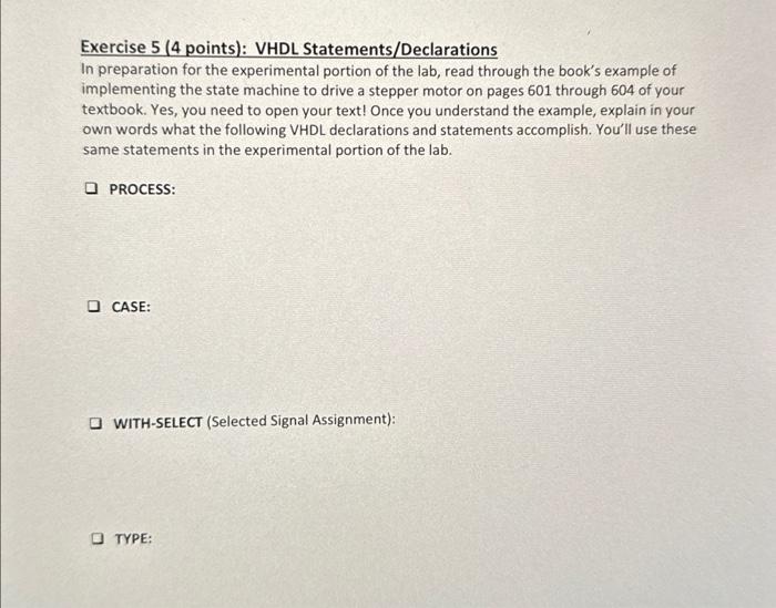 Solved Exercise 5 ( 4 points): VHDL Statements/Declarations | Chegg.com