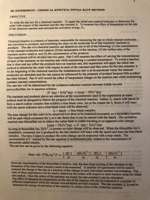 II. EXPERIMENT: CHEMICAL KINETICS; INITIAL RATE | Chegg.com