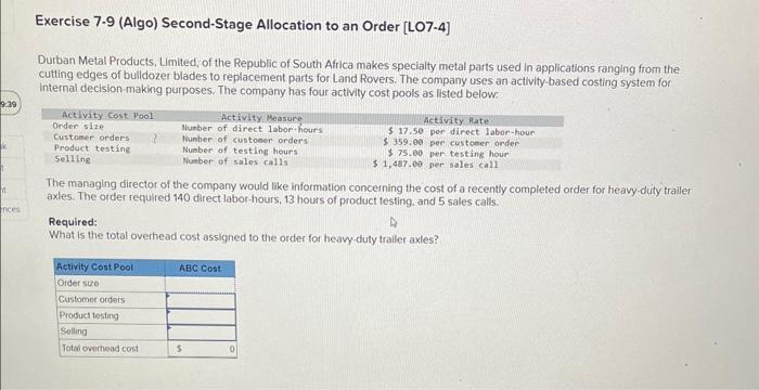 Solved Exercise 7-9 (Algo) Second-Stage Allocation to an | Chegg.com