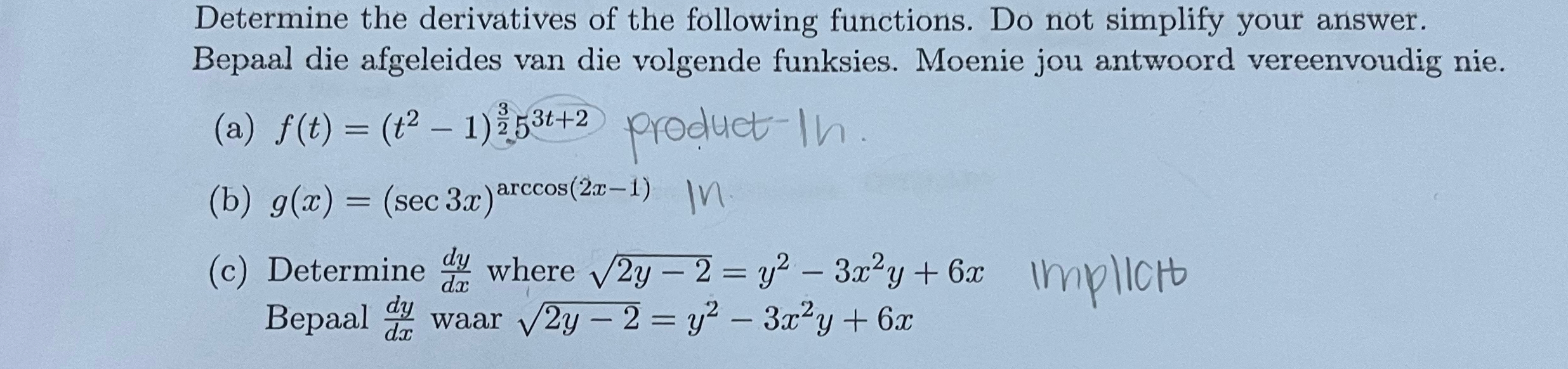 Solved Determine the derivatives of the following functions. | Chegg.com