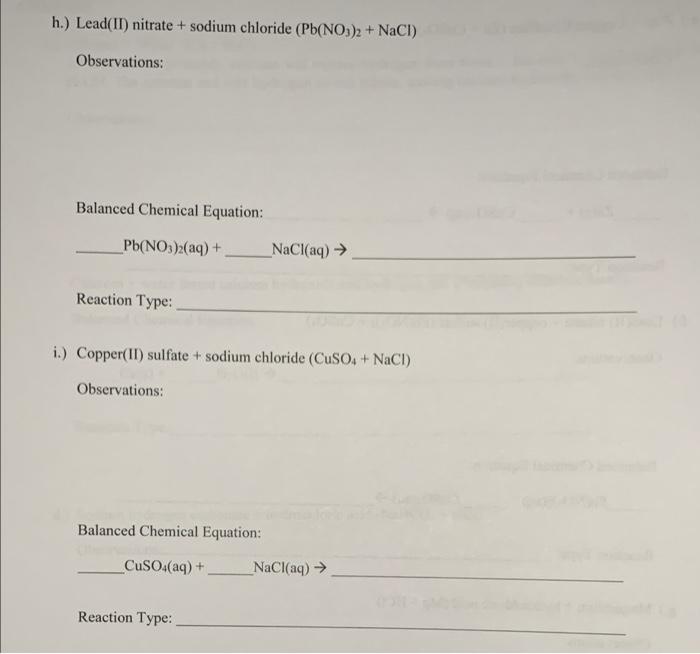Solved h.) Lead(II) nitrate + sodium chloride (Pb(NO3)2 + | Chegg.com